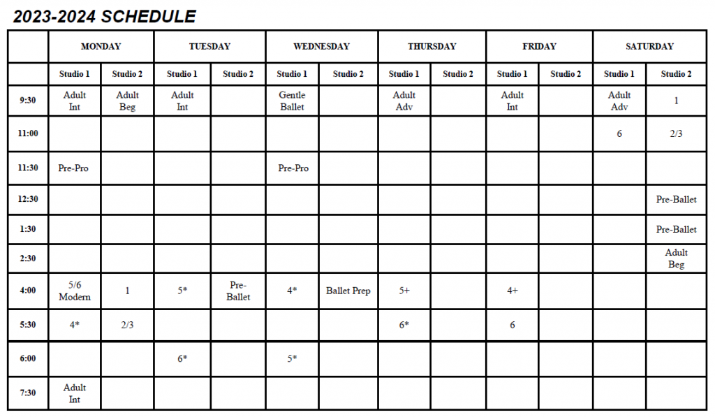 Class Schedule - Pennsylvania Academy of Ballet